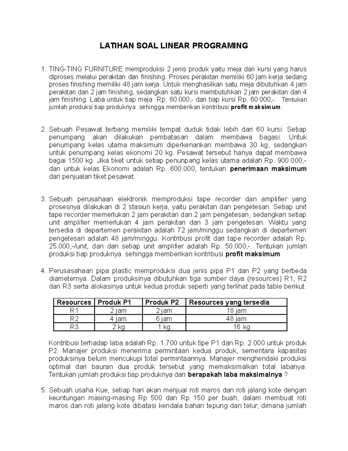 Latihan Soal Linear Programming - Optimalisasi Keuntungan dan Produksi ...