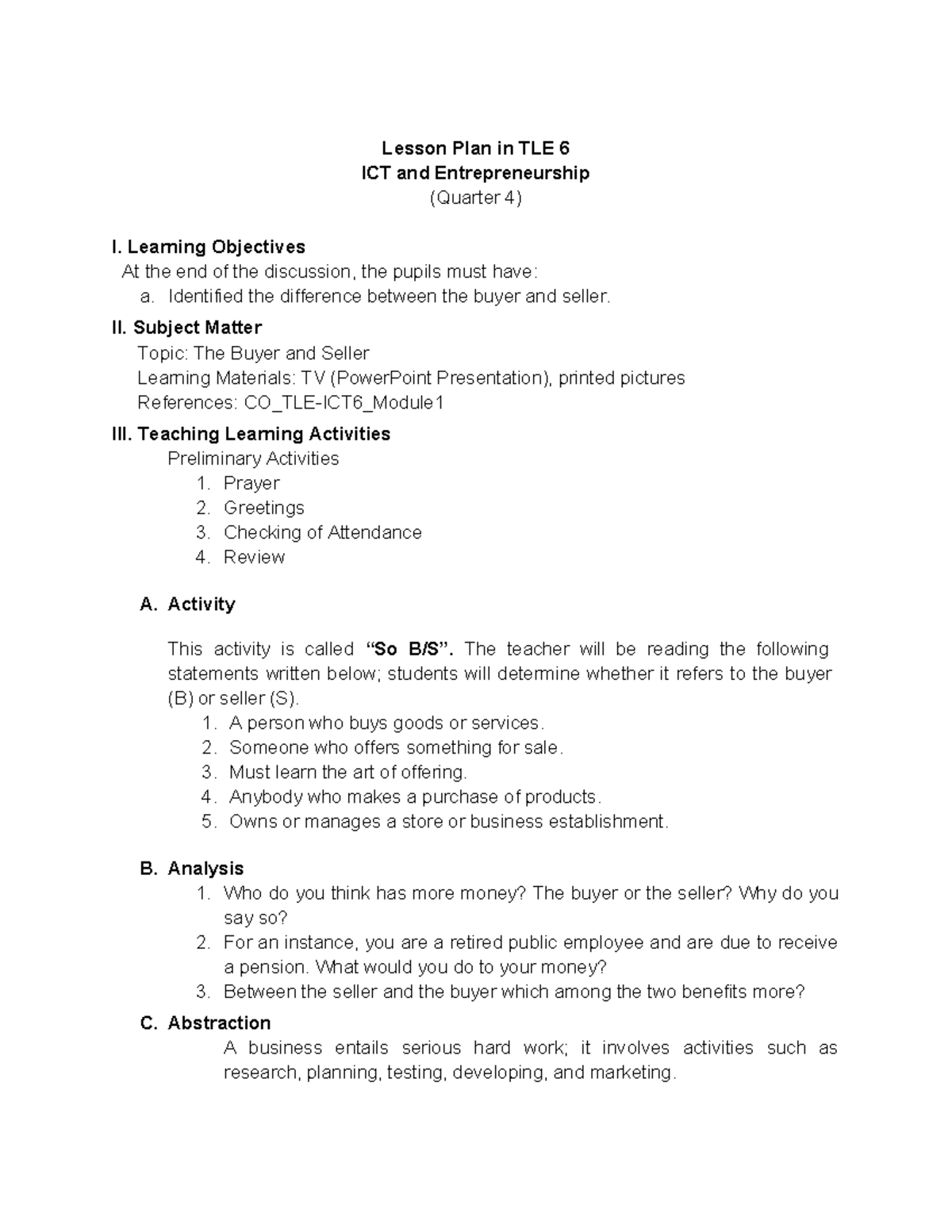 Lesson Plan in TLE 6 - Learning Objectives At the end of the discussion ...