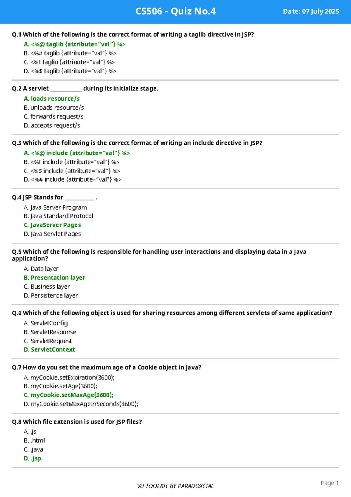 CS506 Quiz No.4 - Java Server Pages & Servlets Concepts - Studocu