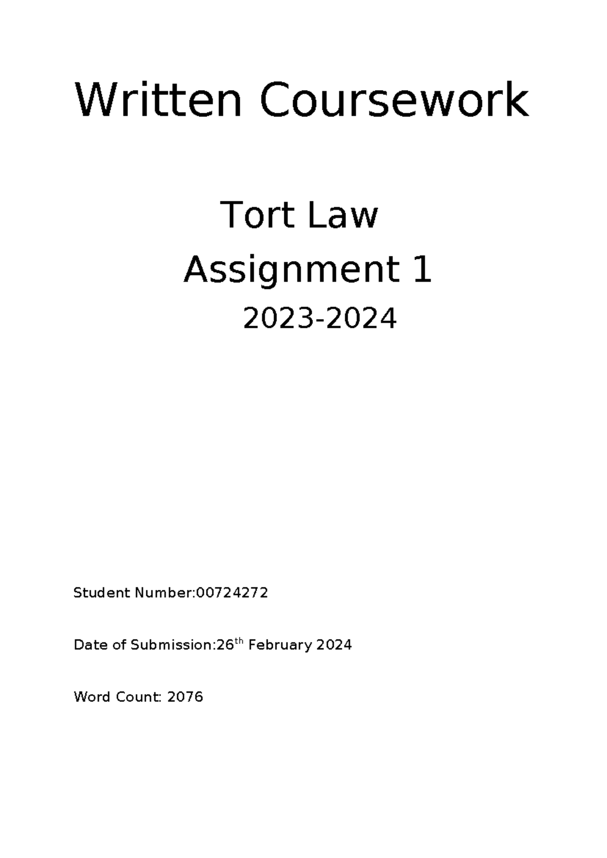 Tort Law: Negligence Assignment (2023) - Duty of Care Analysis - Studocu