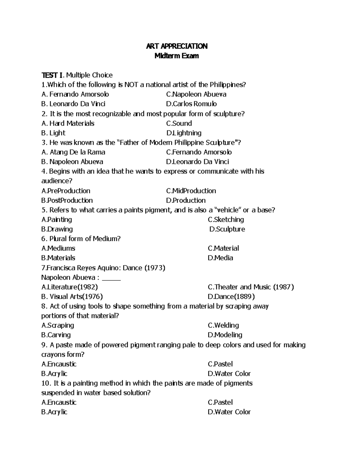 Art Appreciation Midterm Exam (ART 101) with Answer Key and Questions ...