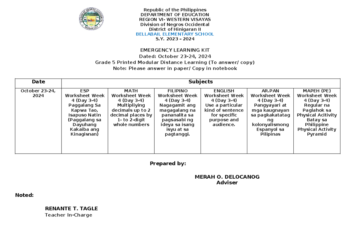 Grade 5 Emergency Learning Kit Plan (S.Y. 2023-2024) - Studocu