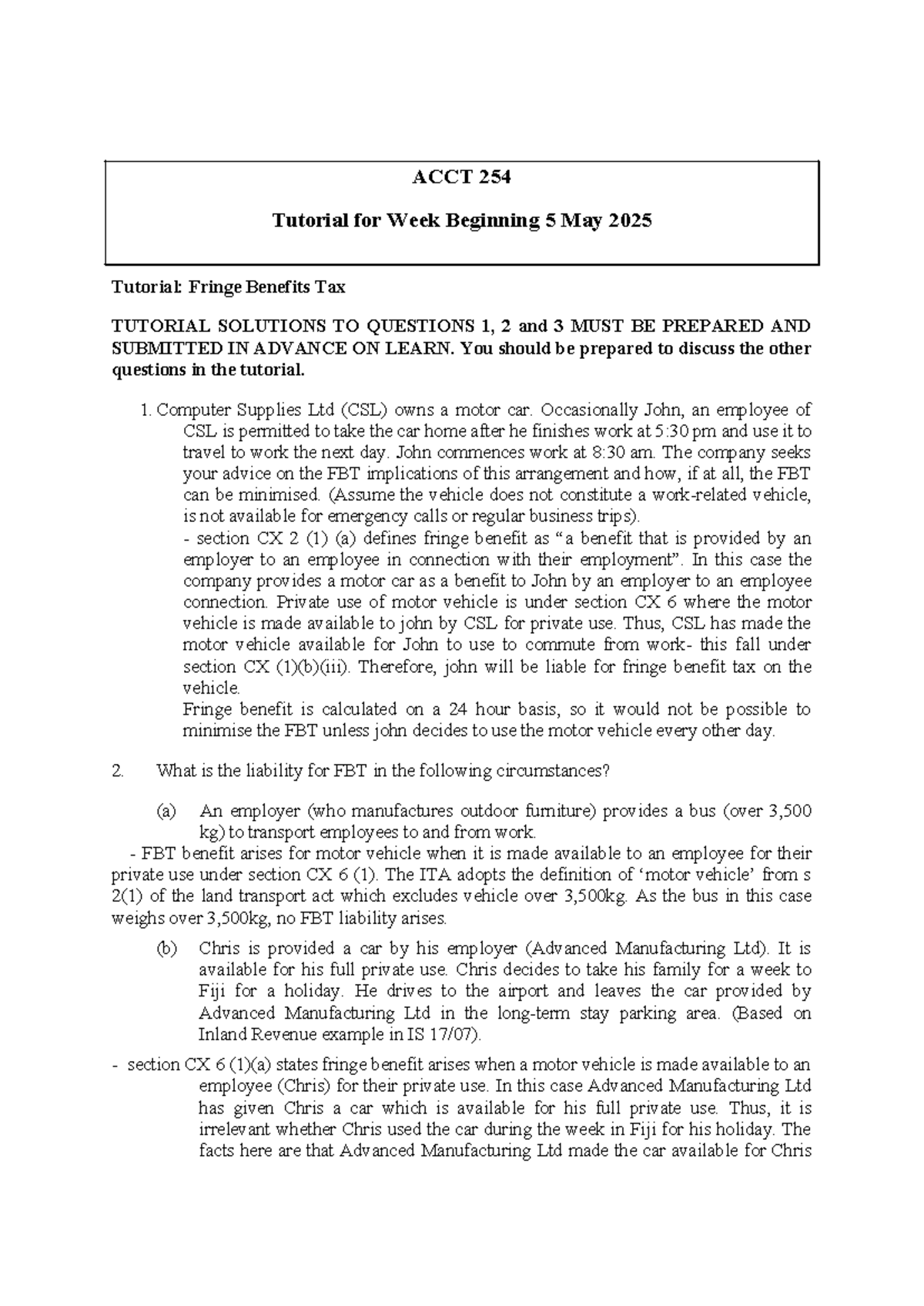 ACCT 254-tut 8 - tutorial 8 work-FBT - ACCT 254 Tutorial for Week ...