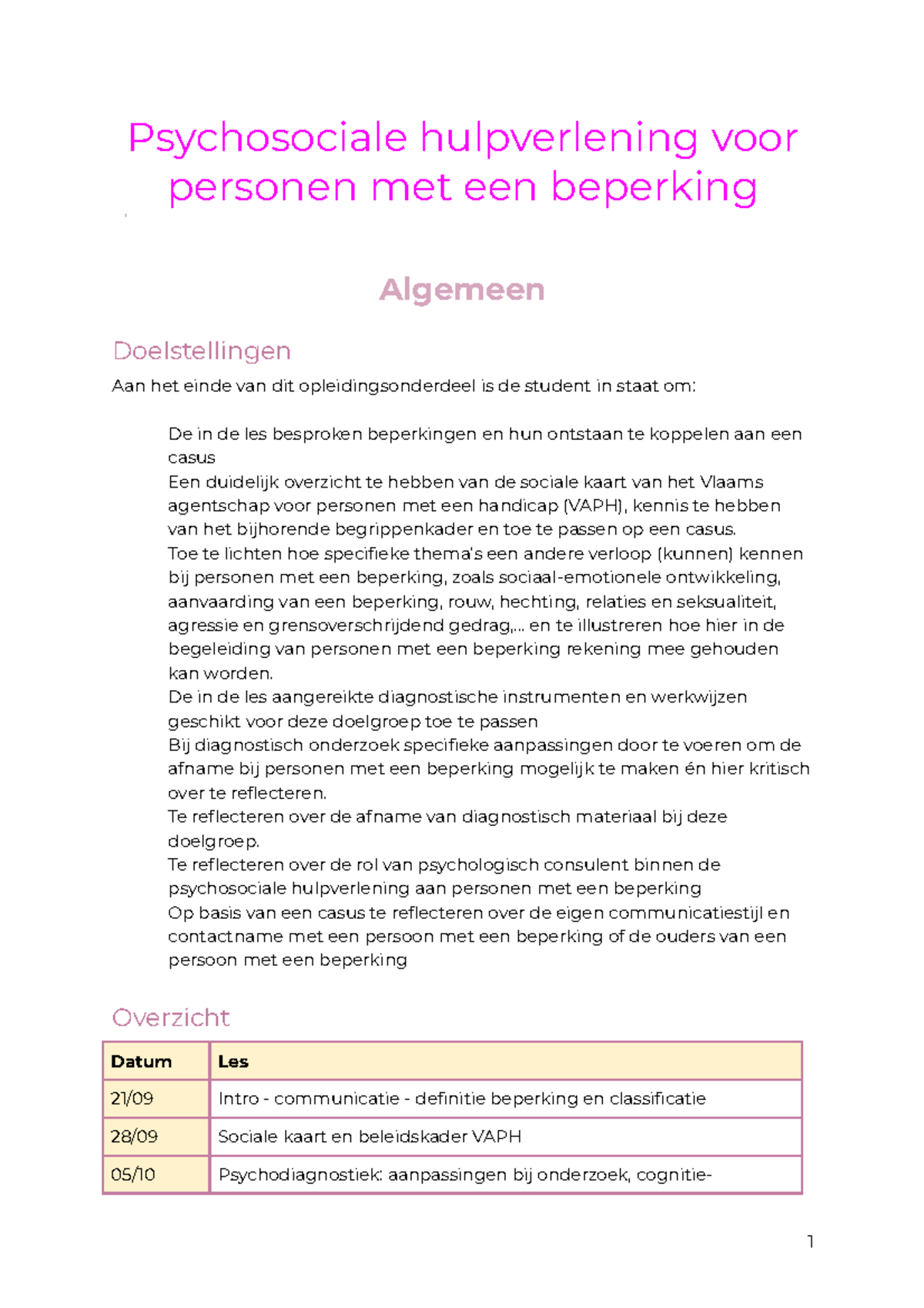 Les 1 - Notities bij les 1 - Psychosociale hulpverlening voor personen ...