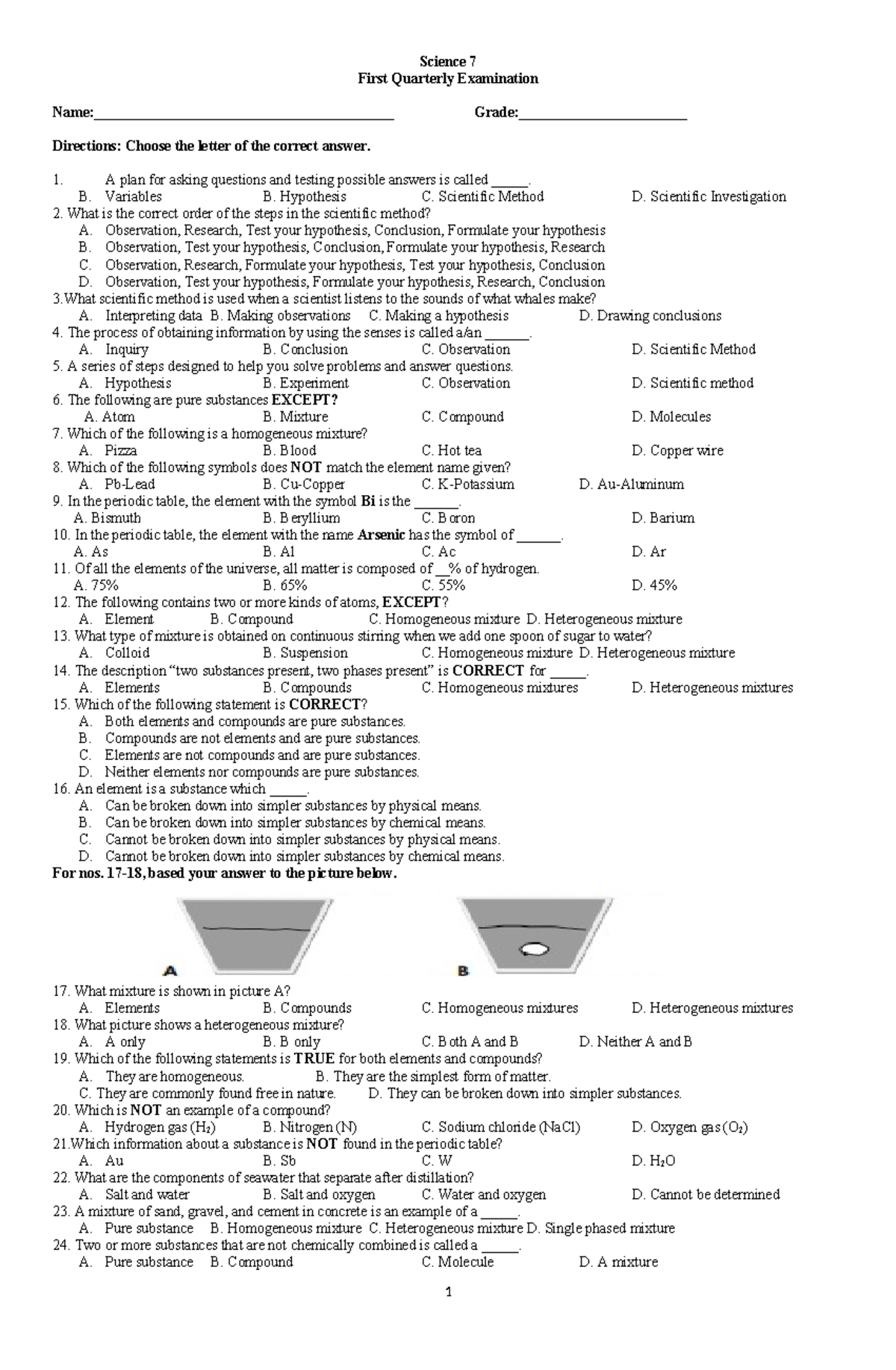 Grade 7 Science Q1 Exam (S7MT-Ia-1, S7MT-Ig-h-5, S7MT-Le-f-4) - Studocu