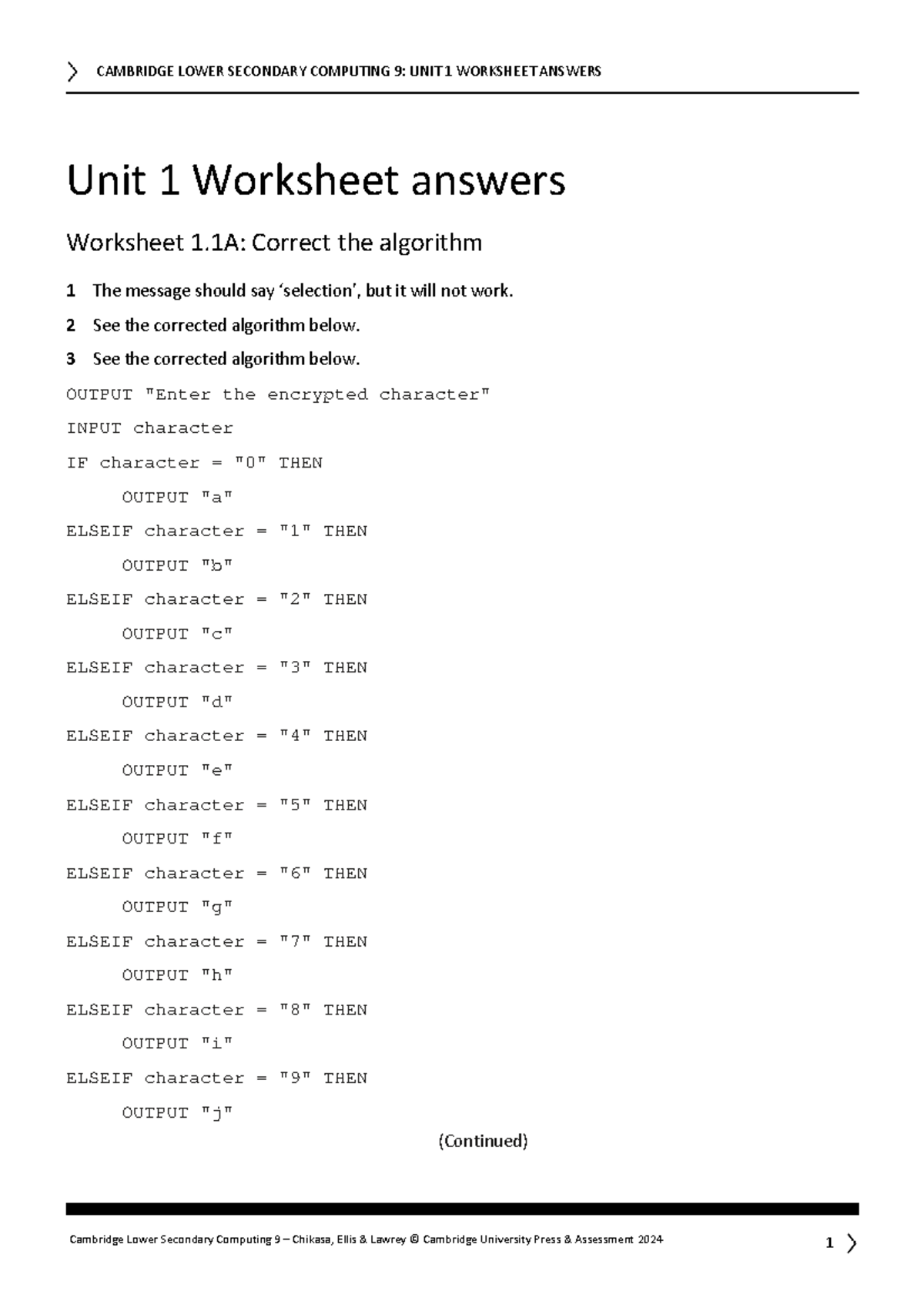 CAMBRIDGE LOWER SECONDARY COMPUTING 9: UNIT 1 WORKSHEET ANSWERS - Studocu