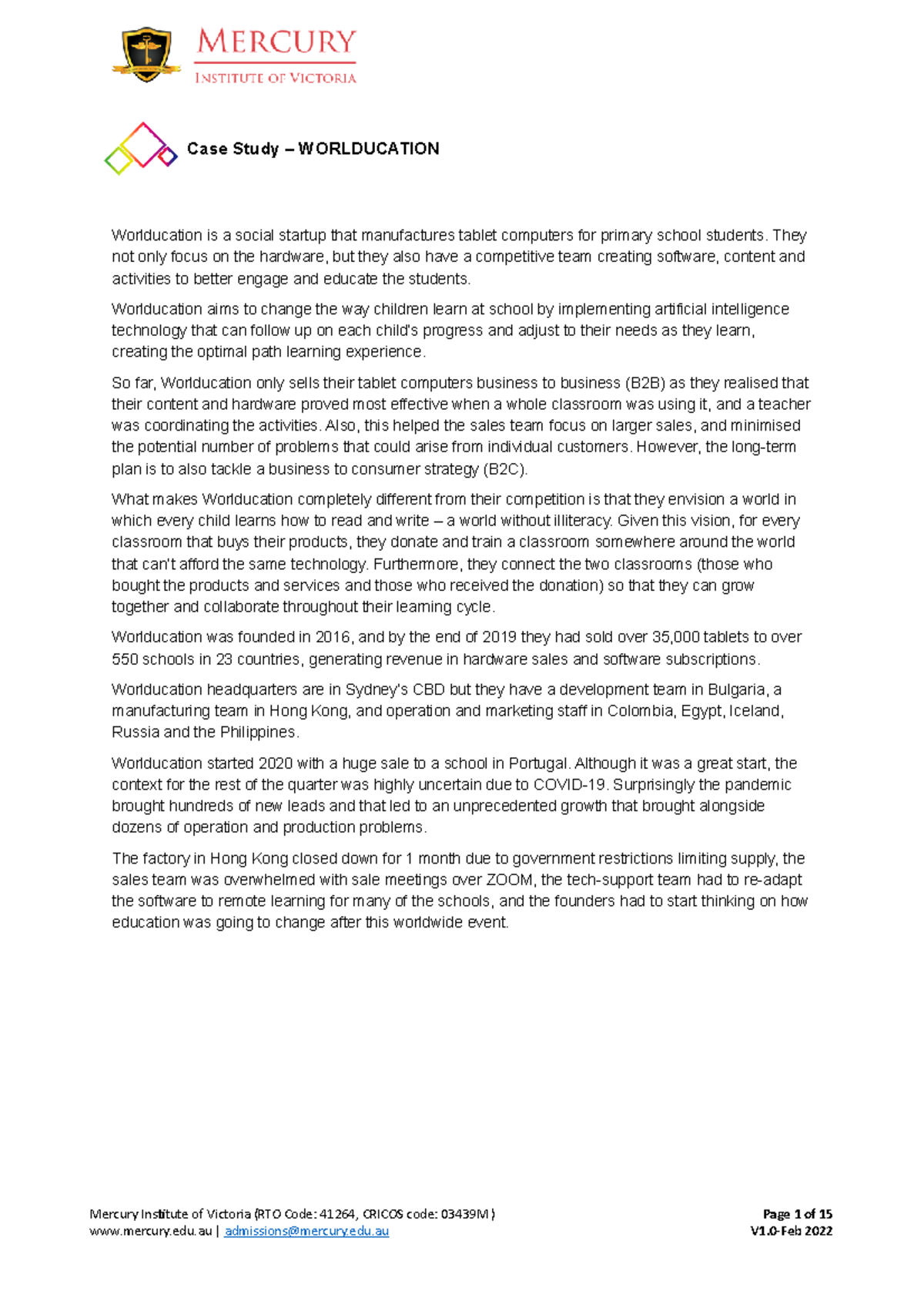 Bsbcrt 611 Simulation Pack - Case Study – WORLDUCATION Worlducation is ...