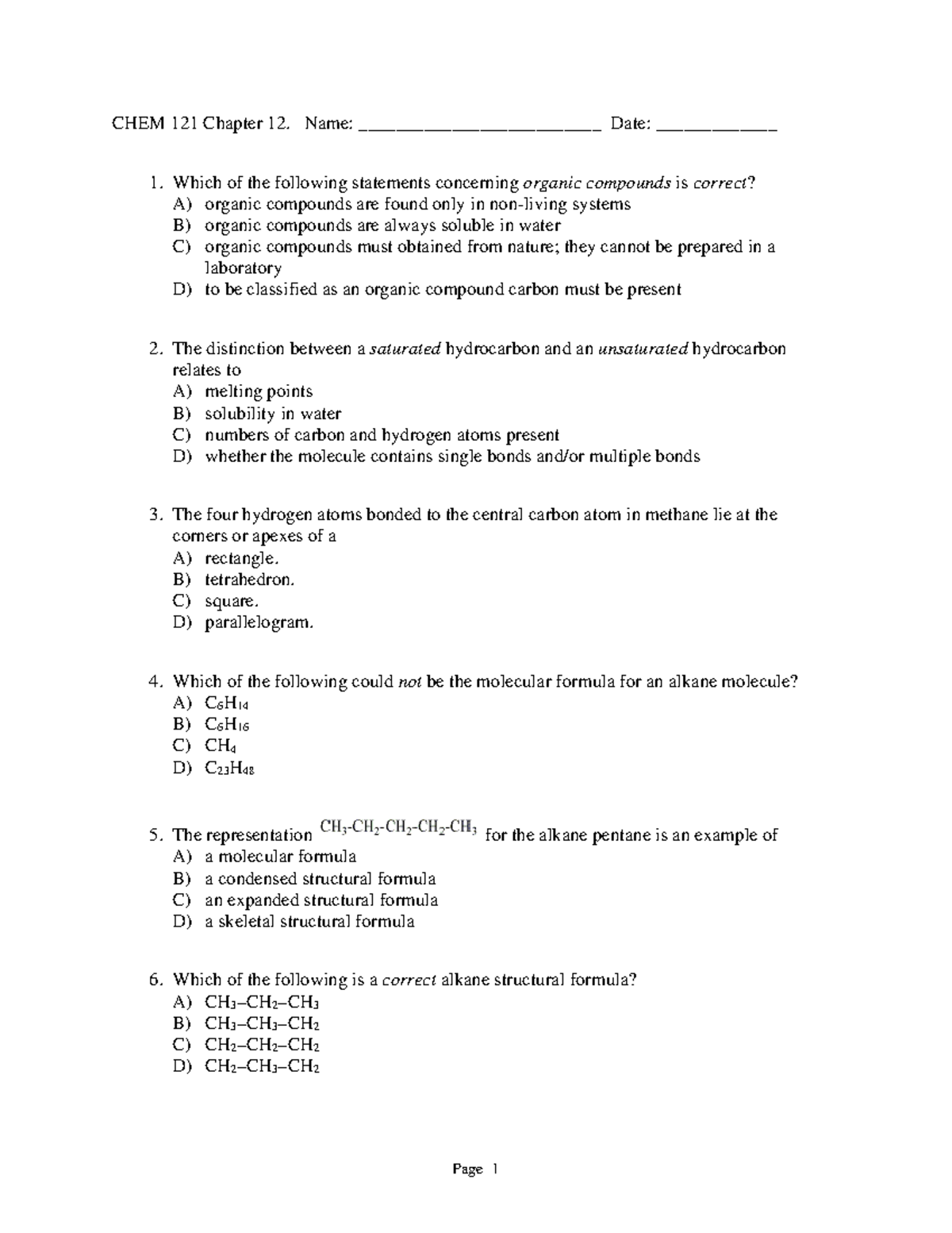 CHEM 121 Practice Exam Questions: Organic Compounds & Alkanes - Studocu