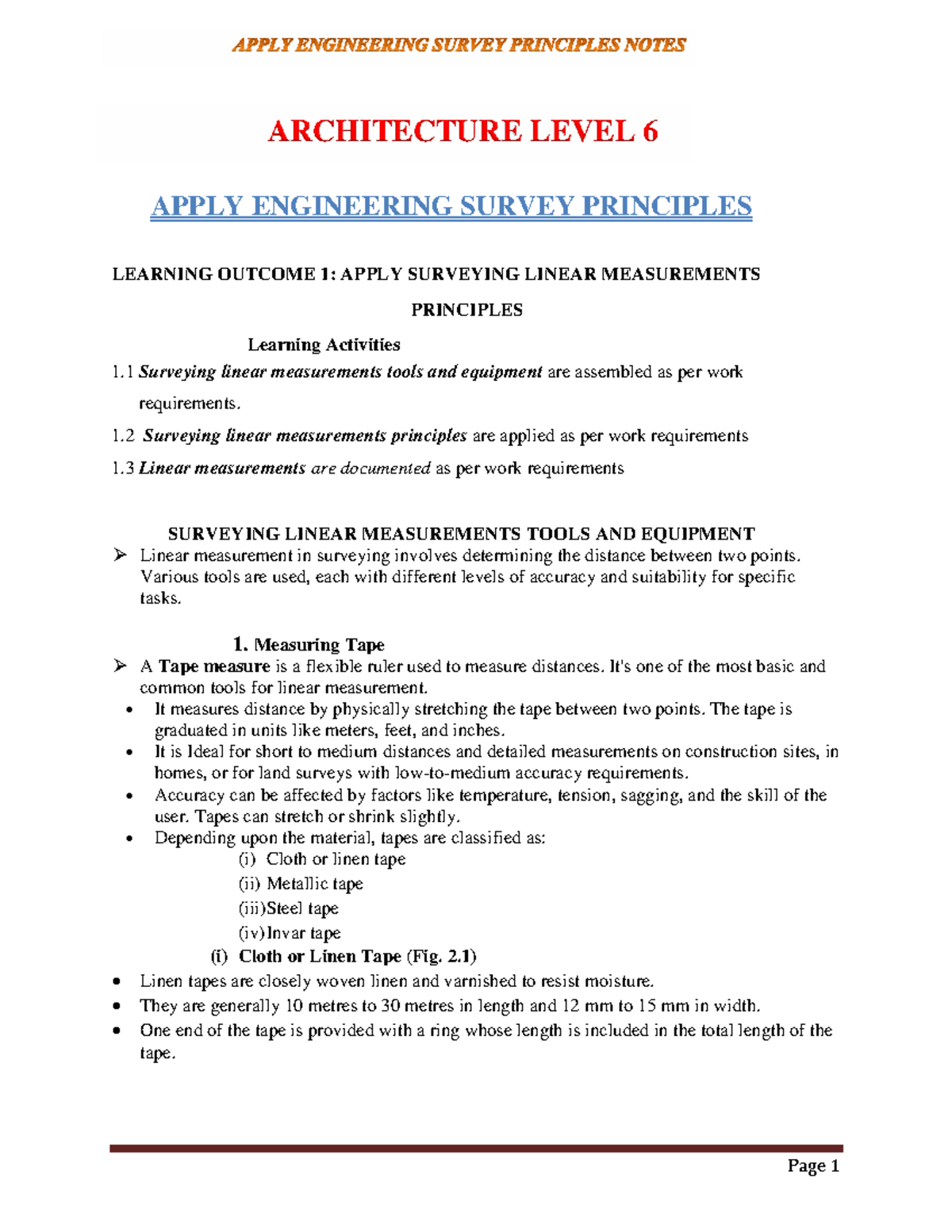 ARCHITECTURE LEVEL 6: ENGINEERING SURVEY PRINCIPLES & TOOLS - Studocu