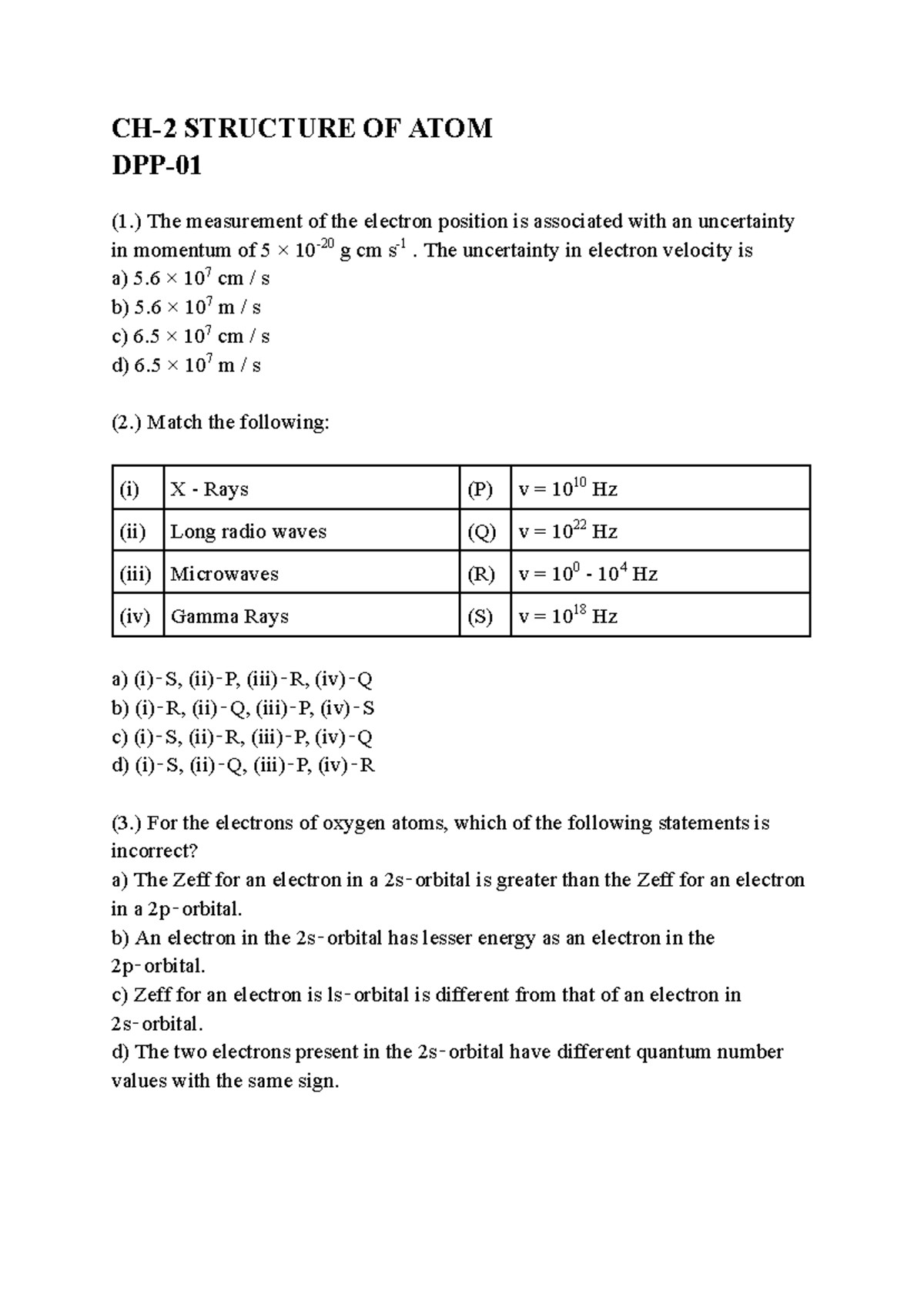 11 CH-2 DPP-1: Structure of Atom Study Guide and Practice Questions ...