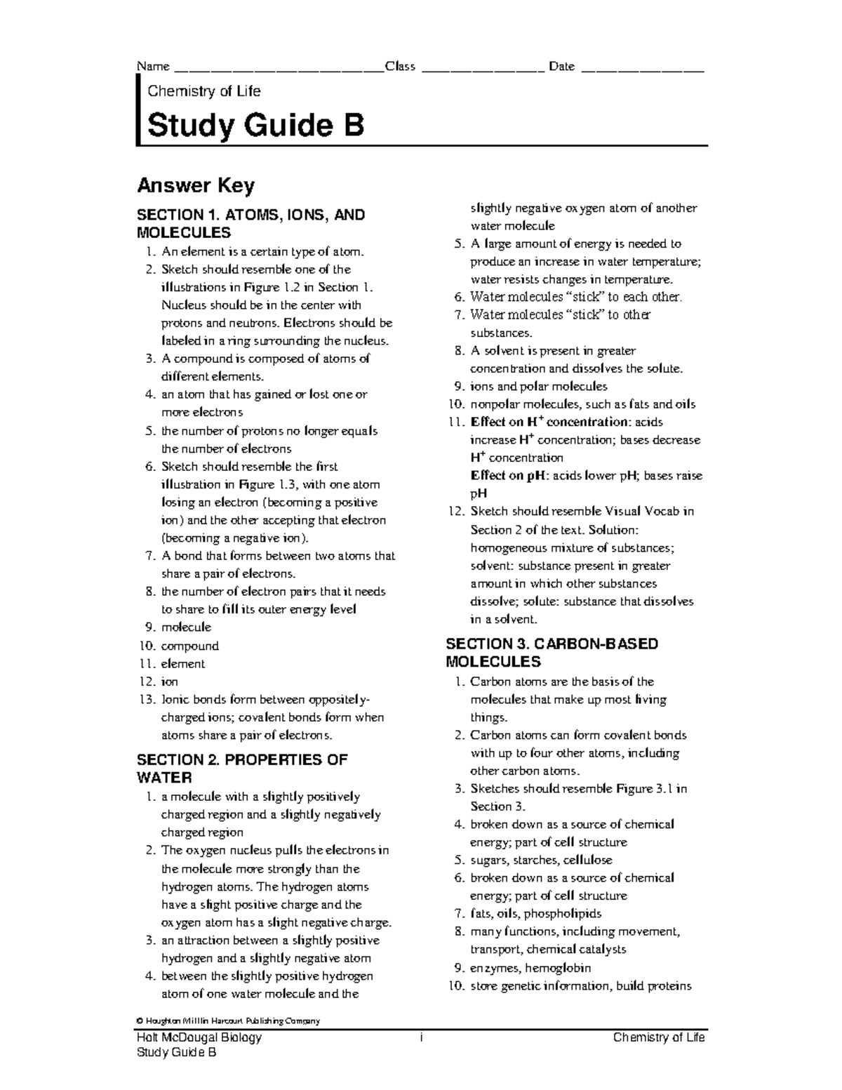Holt McDougal Biology Study Guide B: Chemistry of Life Overview - Studocu