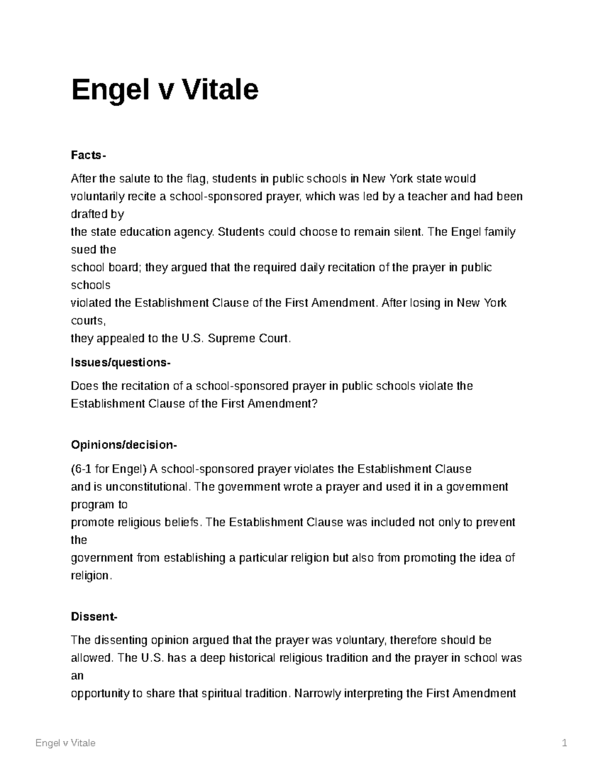 Engel v Vitale - Study Guide - Engel v Vitale 1 Engel v Vitale Facts ...