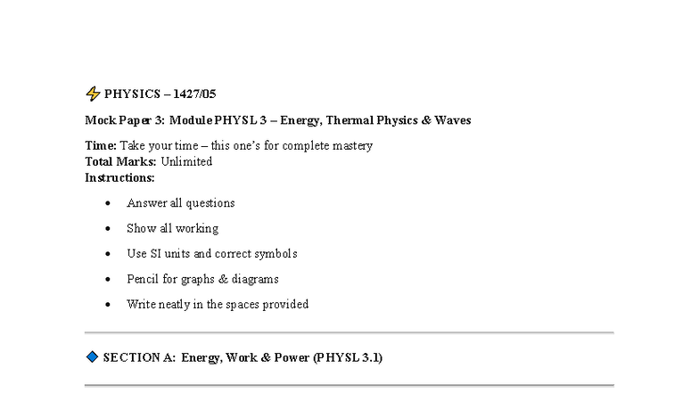 PHYSICS Mock Paper 3: PHYSL 3 Energy, Thermal Physics & Waves - Studocu