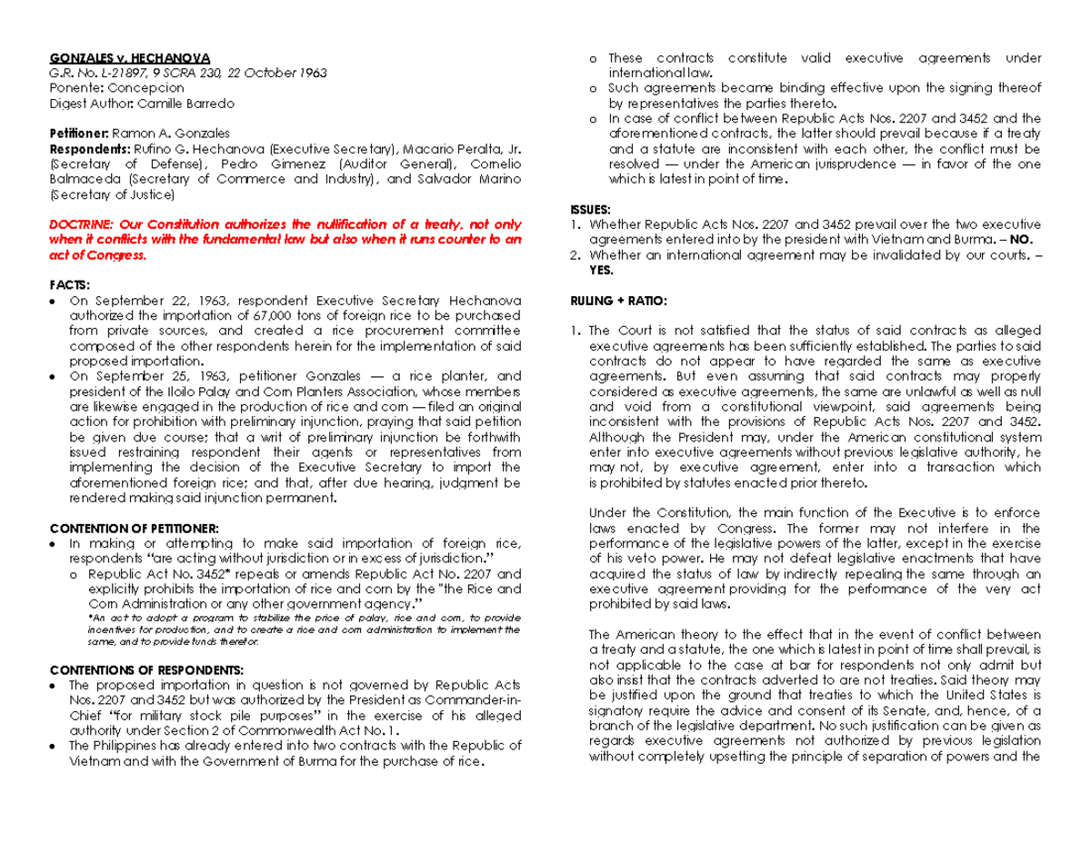 Gonzales v. Hechanova: Supreme Court Case Digest G.R. No. L-21897 - Studocu
