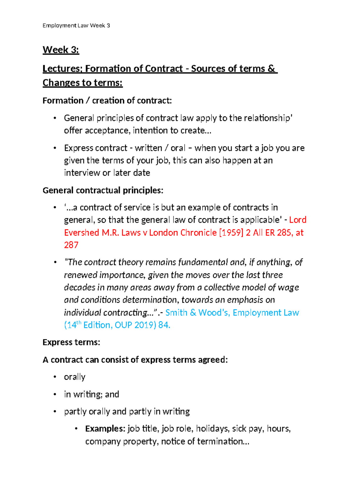 Week 3 - Employment Law: Formation of Contract and Terms - Studocu