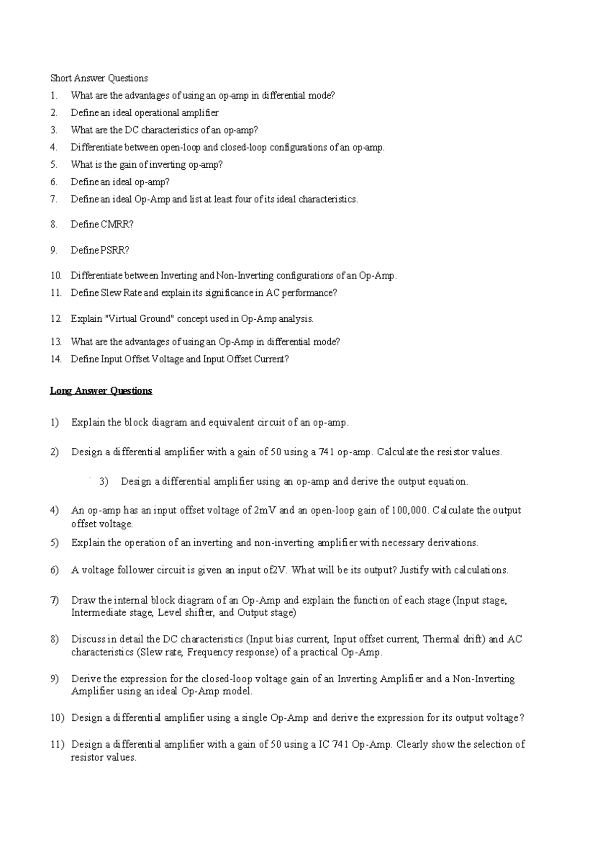 Short Answer & Long Answer Questions for UNIT-1: Op-Amps & Differential ...