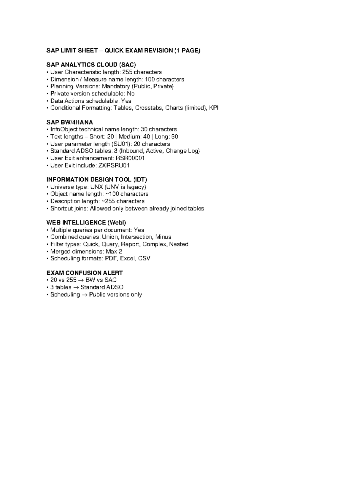 SAP LIMIT SHEET QUICK REVISION (SAC) - 1 PAGE EXAM GUIDE - Studocu