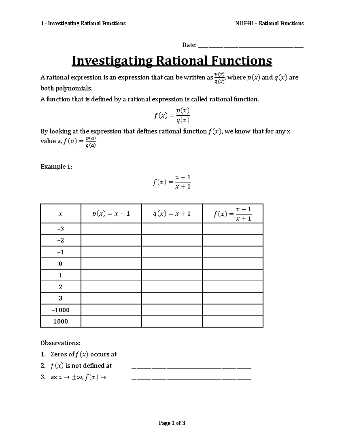 Investigating Rational Functions MHF4U: Key Concepts and Examples - Studocu