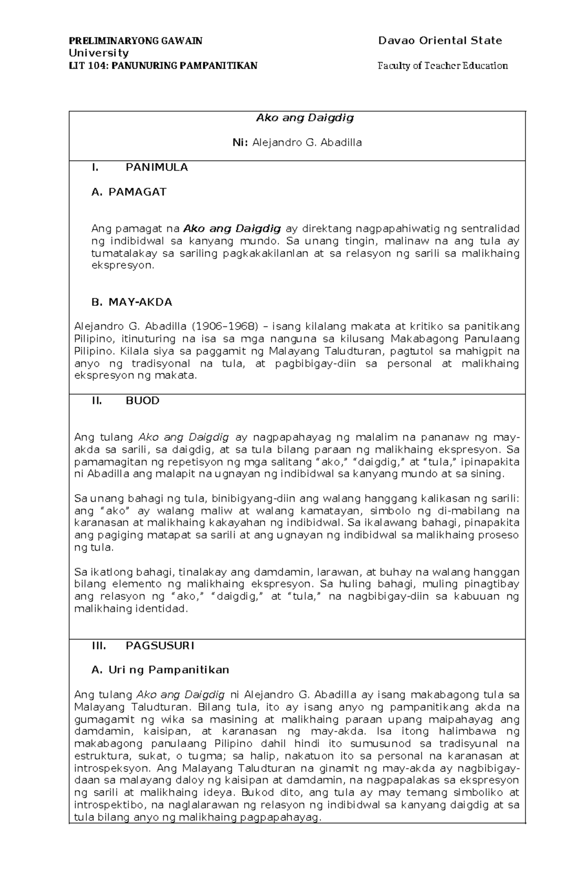Pagsusuri sa Tula: "Ako ang Daigdig" ni Alejandro G. Abadilla (LIT 104 ...