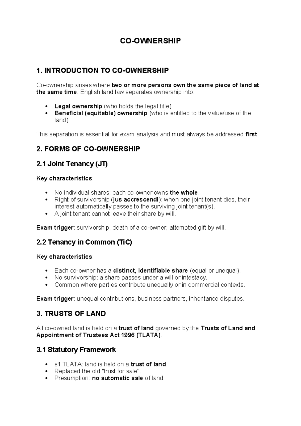 Co-Ownership Notes (LAW 101): Understanding Joint Tenancy & Tenancy in ...