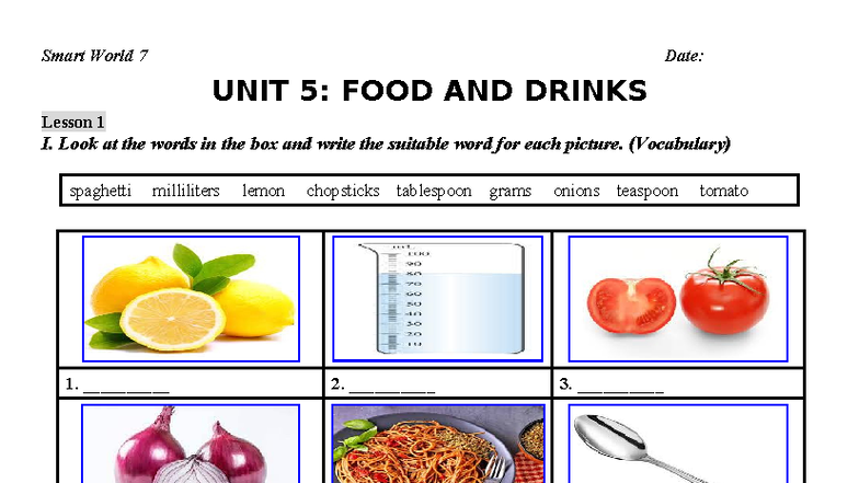 Smart World 7: Unit 5 - Food and Drinks Lesson Activities - Studocu