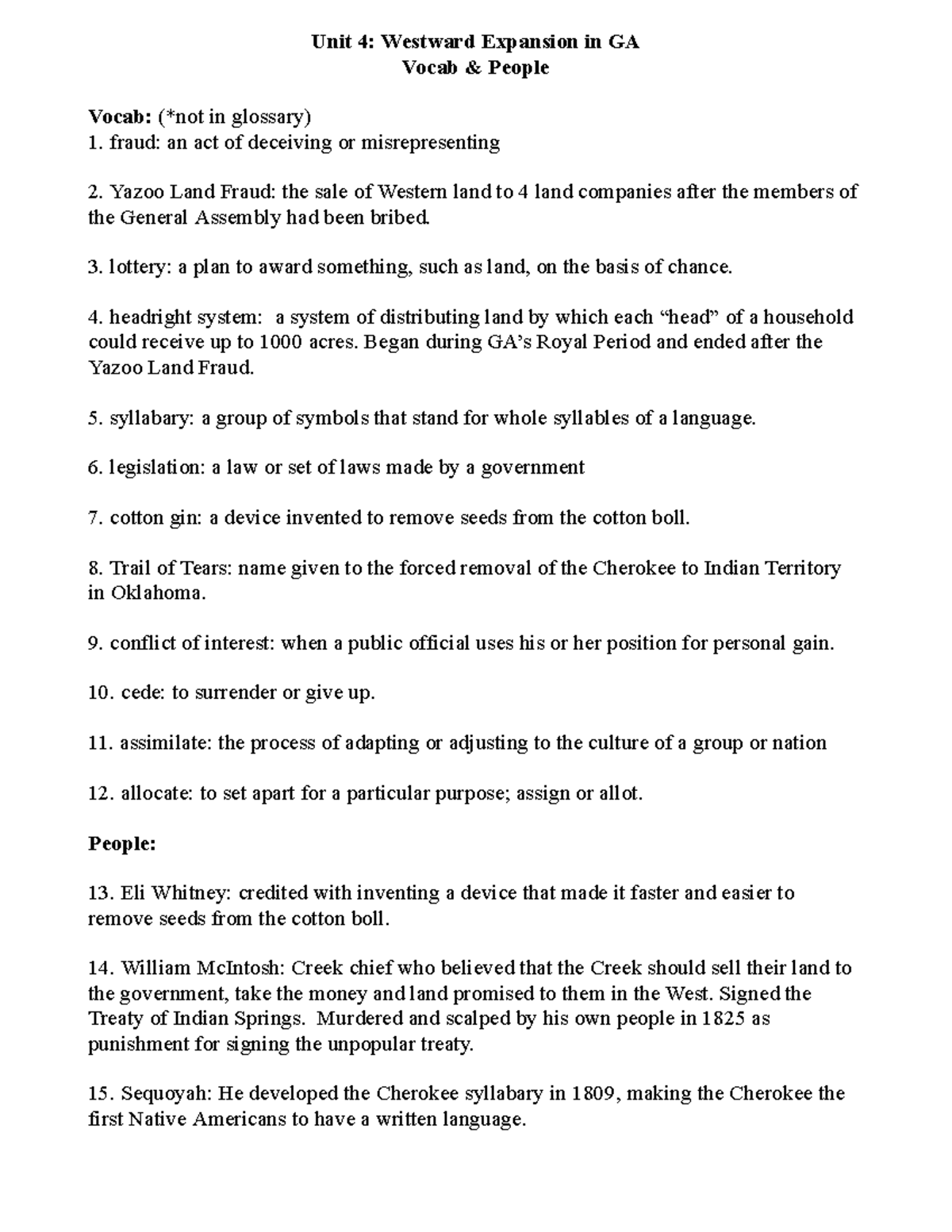 Unit 4: Westward Expansion in GA - Key Terms & Figures Overview - Studocu