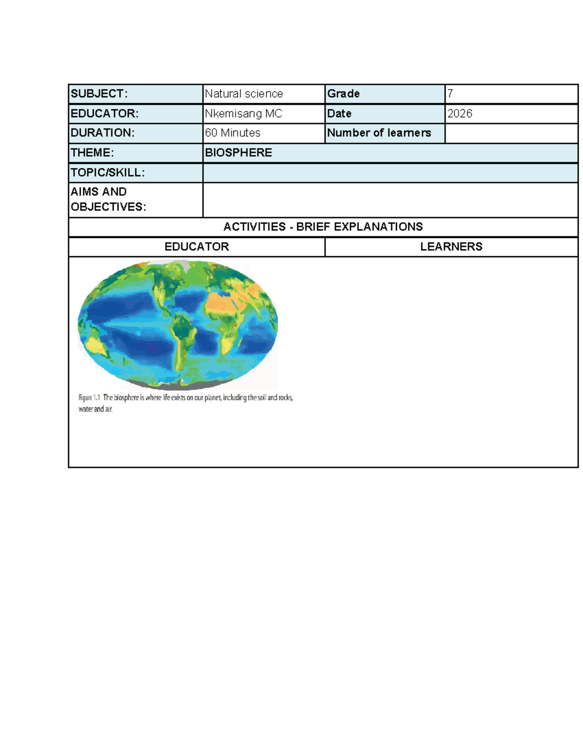 Biosphere Lesson Plan for Natural Science Grade 7 - Studocu