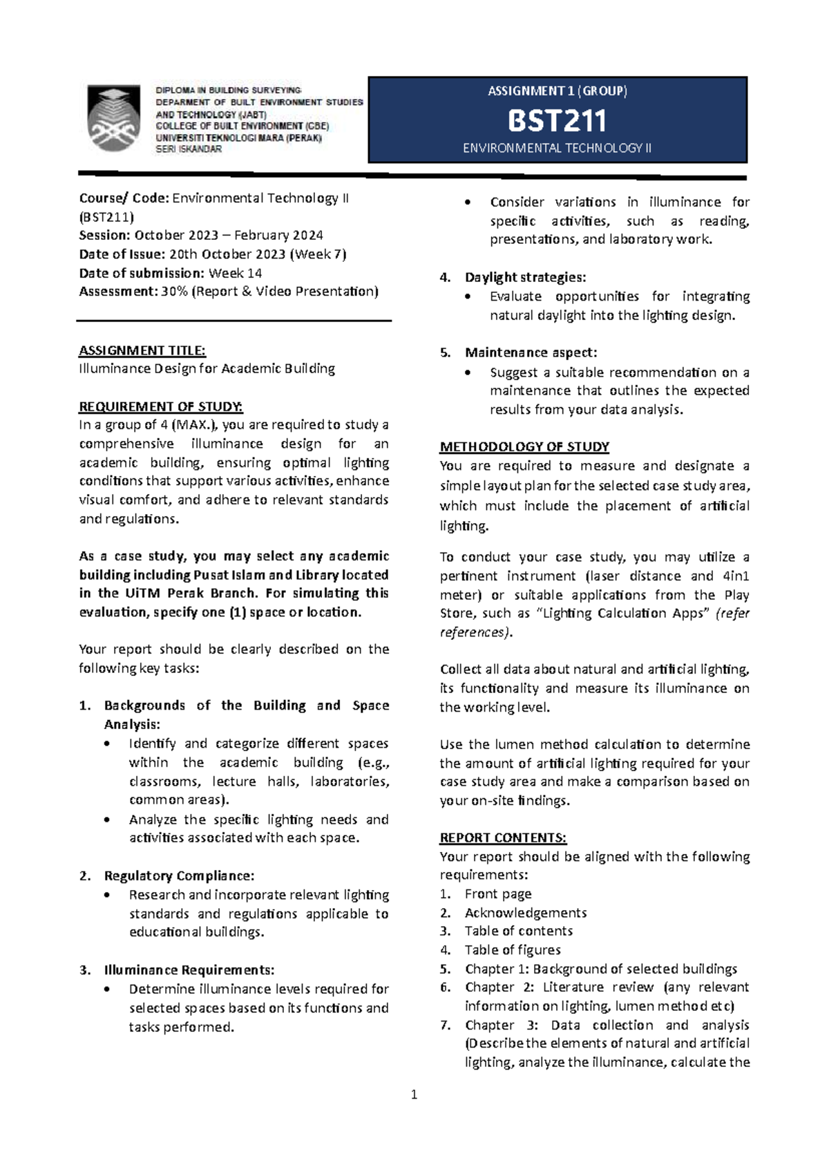 Illuminance Design Report for Academic Building - BST211 Assignment 1 ...