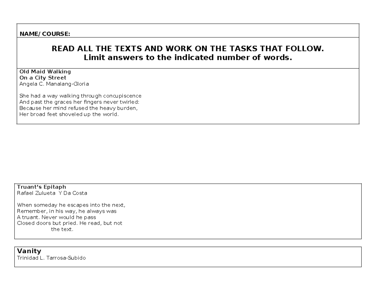 Text Analysis of Short Poems (ENG 101) - No Questions Included - Studocu