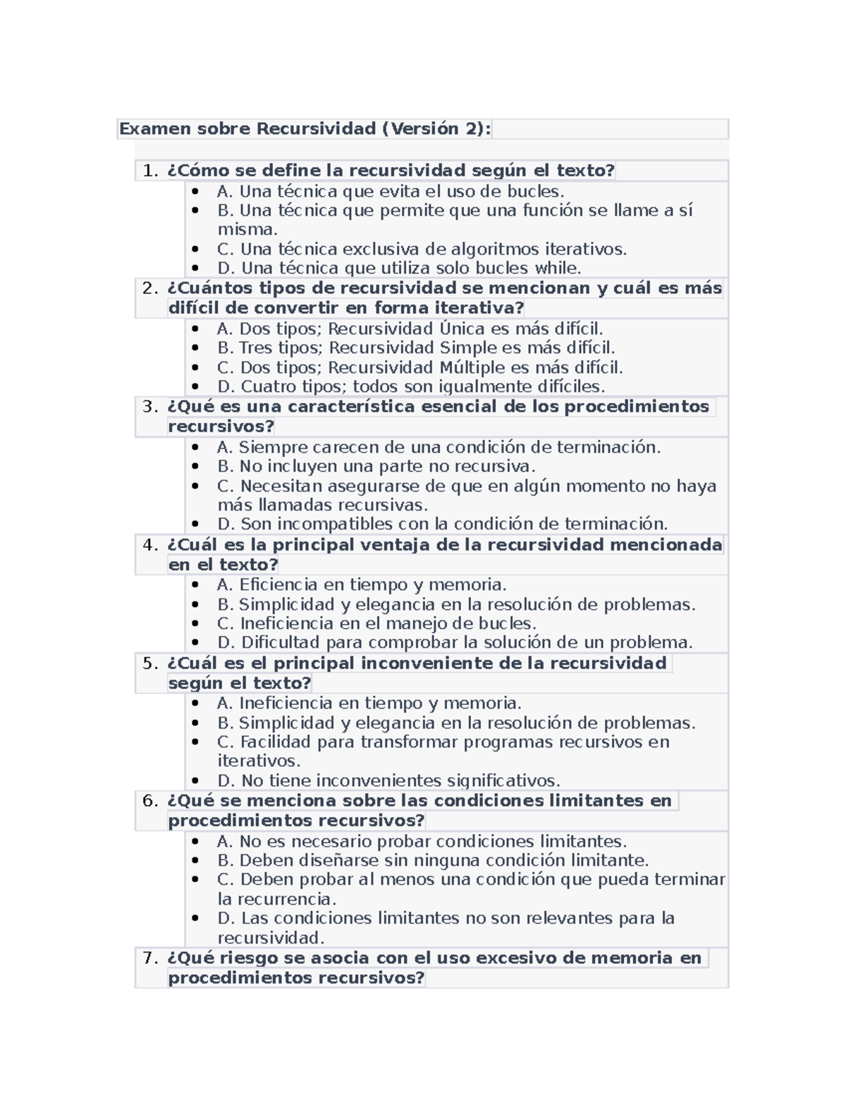 Examen de Recursividad - Versión 2: Preguntas y Respuestas - Studocu