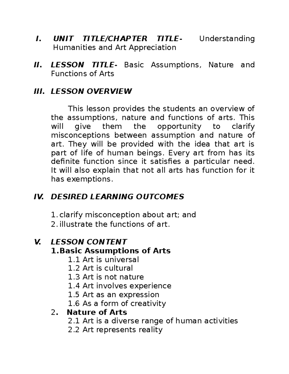 Arts Appreciation (AA101): Basic Assumptions, Nature & Functions - Studocu