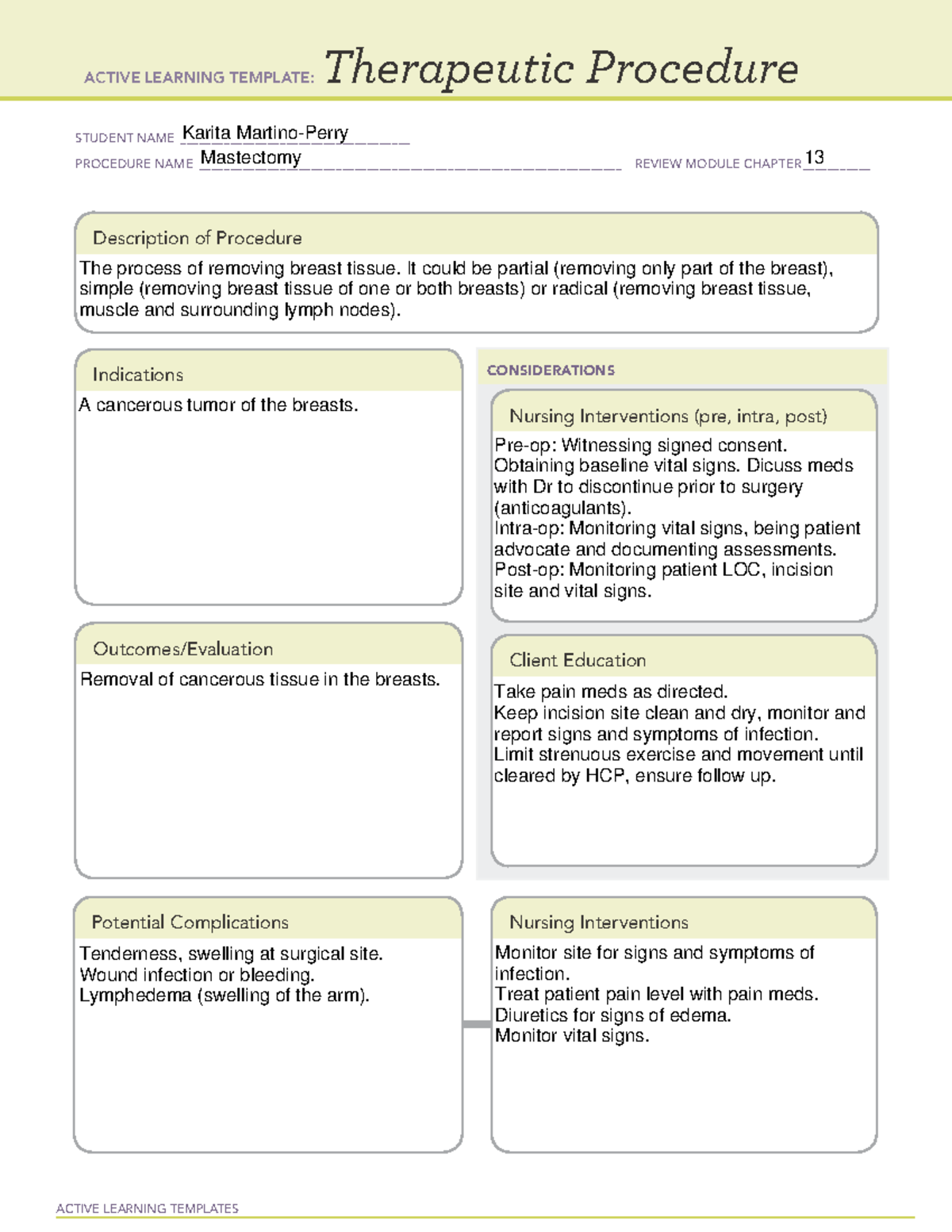 ACTIVE LEARNING TEMPLATE: Mastectomy Procedure Review CH 13 - Studocu