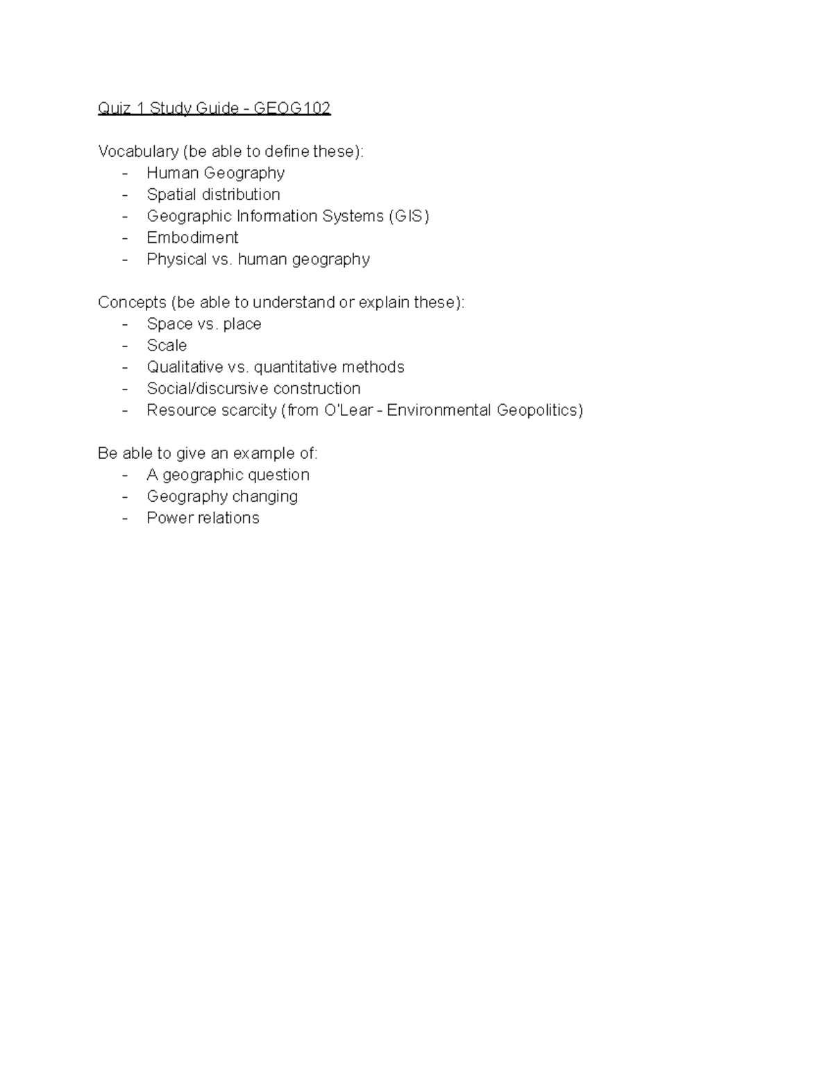 Quiz 1 Study Guide for GEOG102: Key Vocabulary and Concepts - Quiz 1 ...