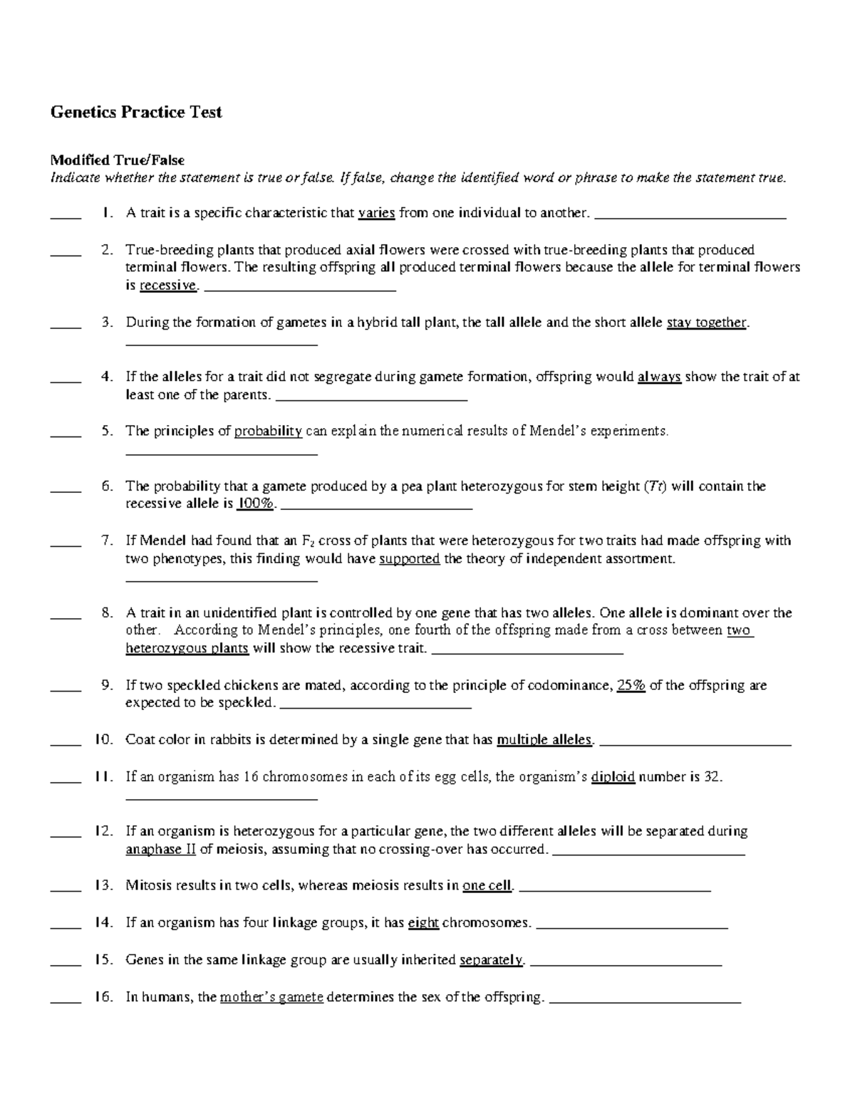 Genetics Practice Test: True or False Statements and Explanations - Studocu