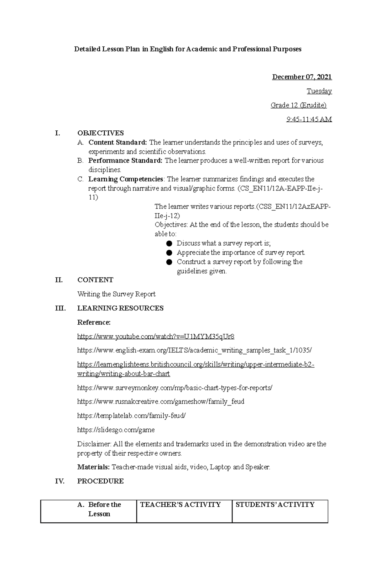 Detailed Lesson Plan: English Academic & Professional Purp (COT 1 ...