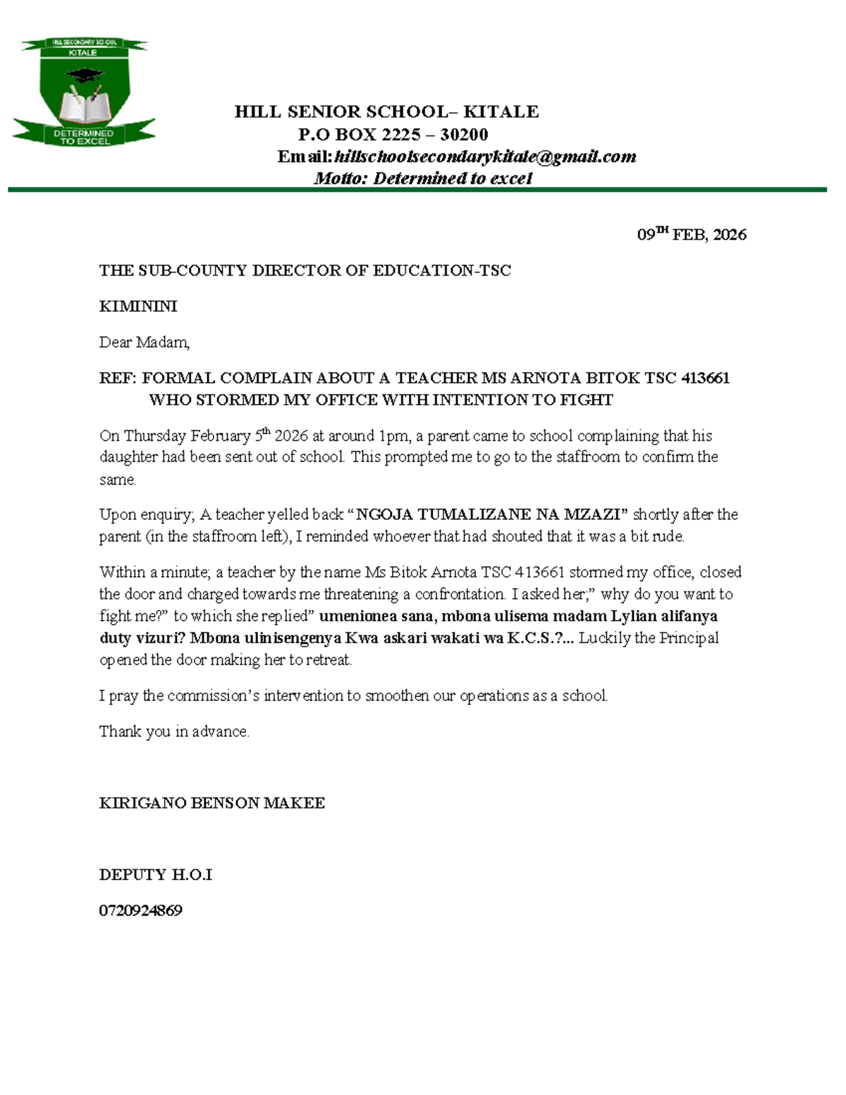 Formal Complaint Regarding Teacher Misconduct - TSC 413661 - Studocu