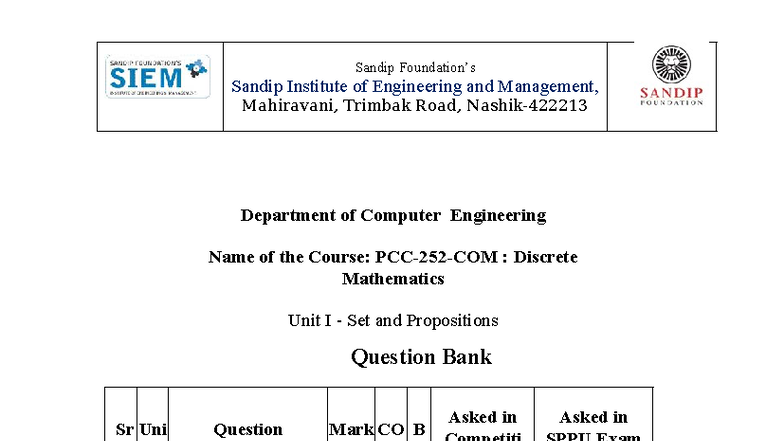 Discrete Mathematics (CS) Unit I - Question Bank & Notes - Studocu
