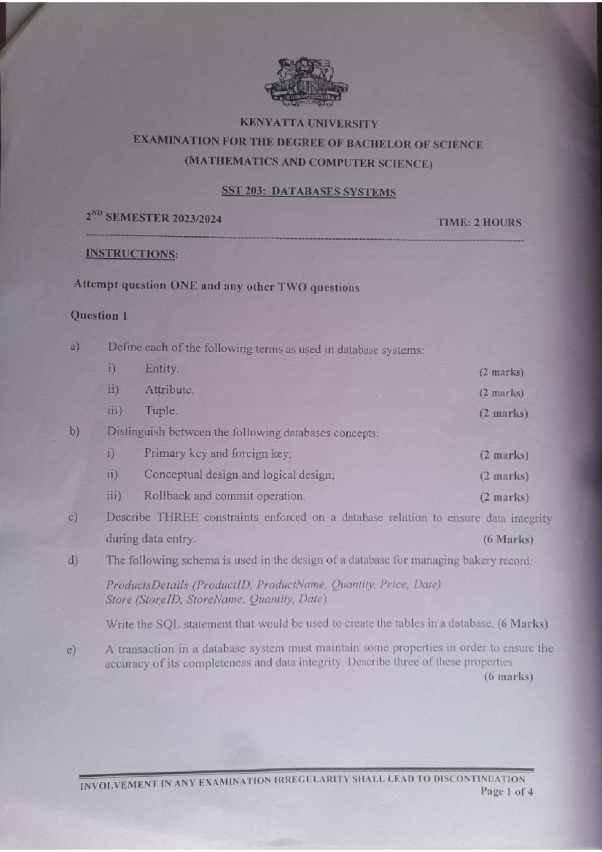 SCO206: Database Systems Past Exam Questions and Solutions - Studocu