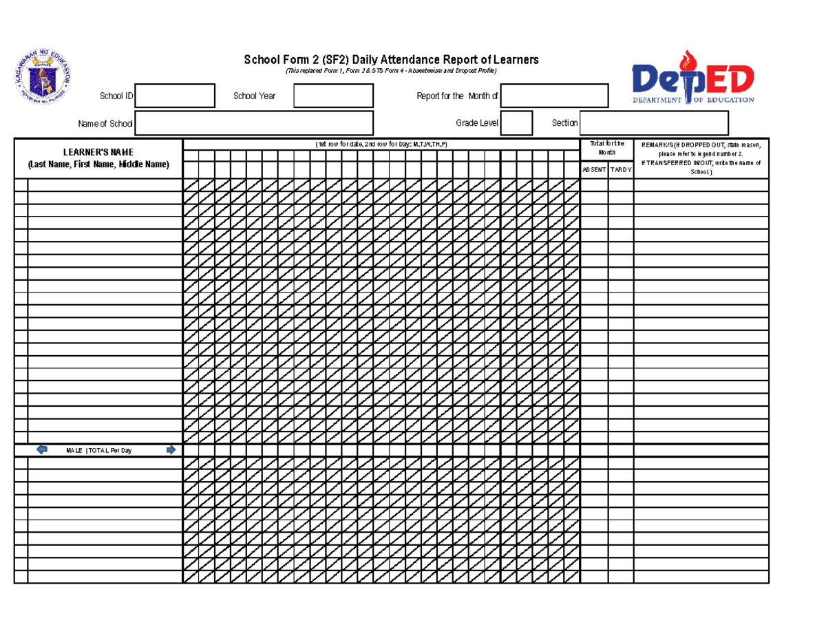 SF2 Daily Attendance Report of Learners - If TRANSFERRED IN/OUT, write ...
