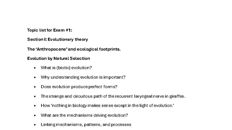 Exam #1 Topic List: Evolutionary Theory & Natural Selection - Studocu