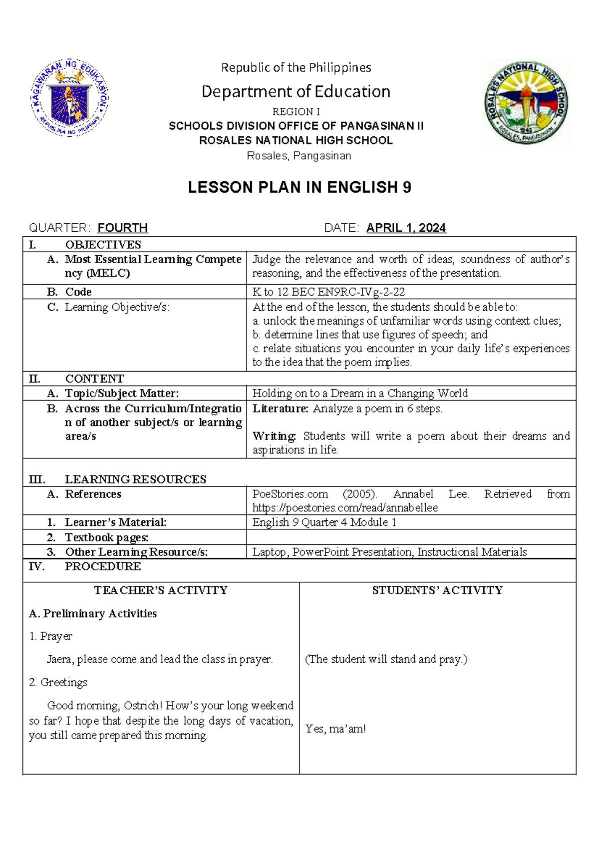Grade 9 ENGLISH 9 Module 1 Fourth Quarter Lesson Plan on Dreams - Studocu
