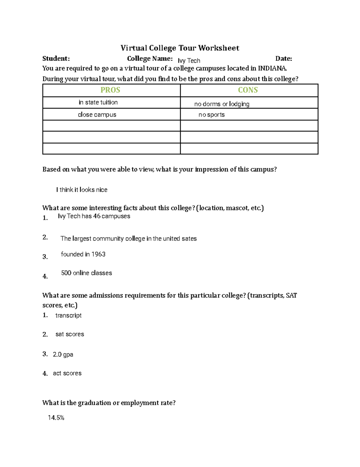 Virtual college tour worksheet: Ivy Tech insights and impressions - Studocu