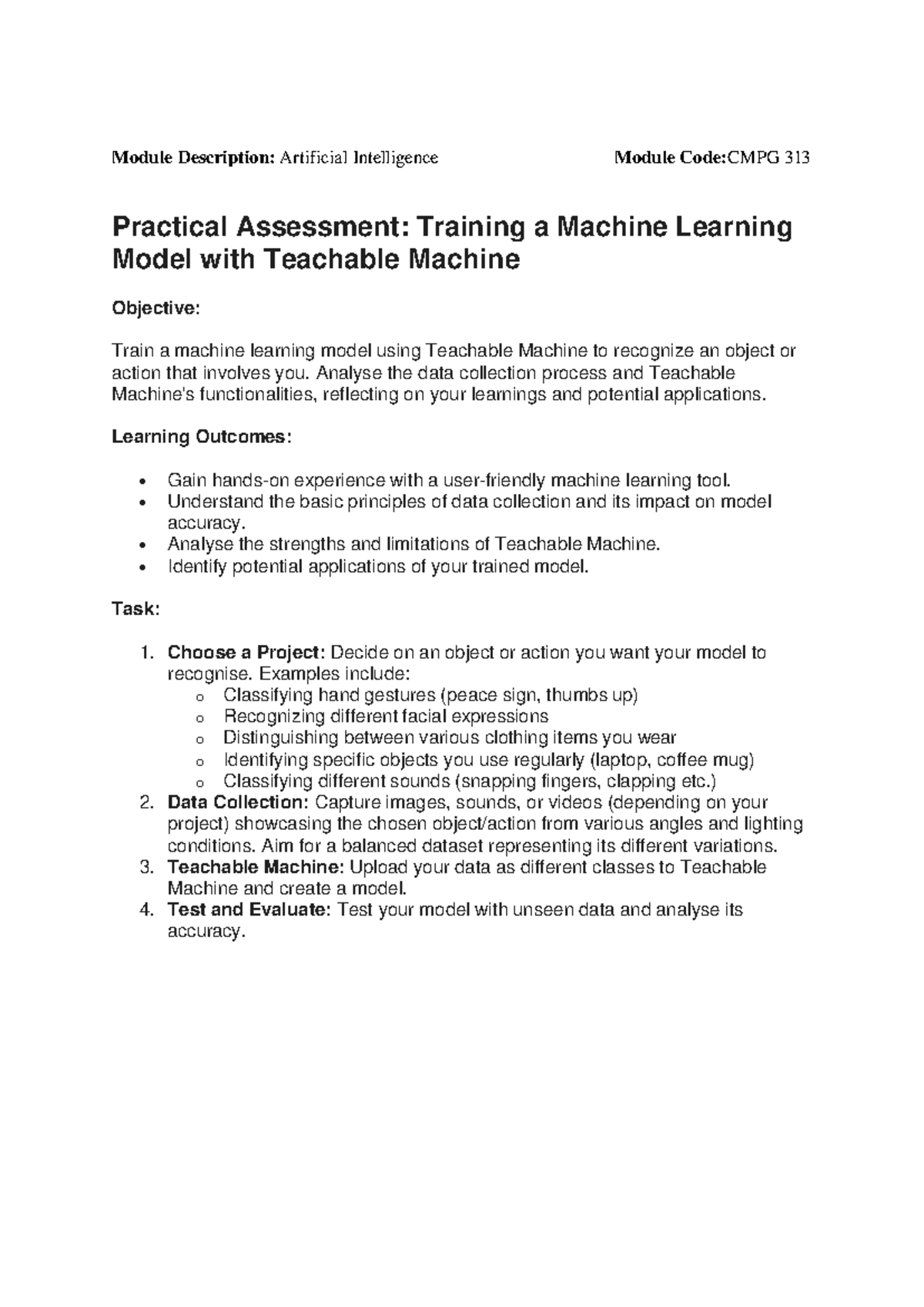 1st Practical Assignment Teachable machine - Module Description: Artificial Intelligence Module ...