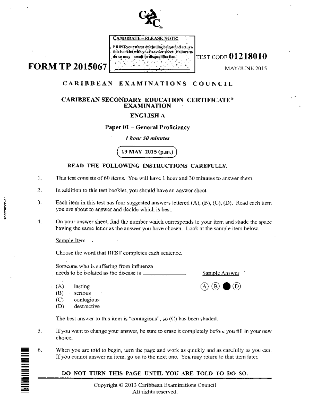 341615064 CXC CSEC English A June 2015 P1 - %. t' ####### I ! tl E FORM ...