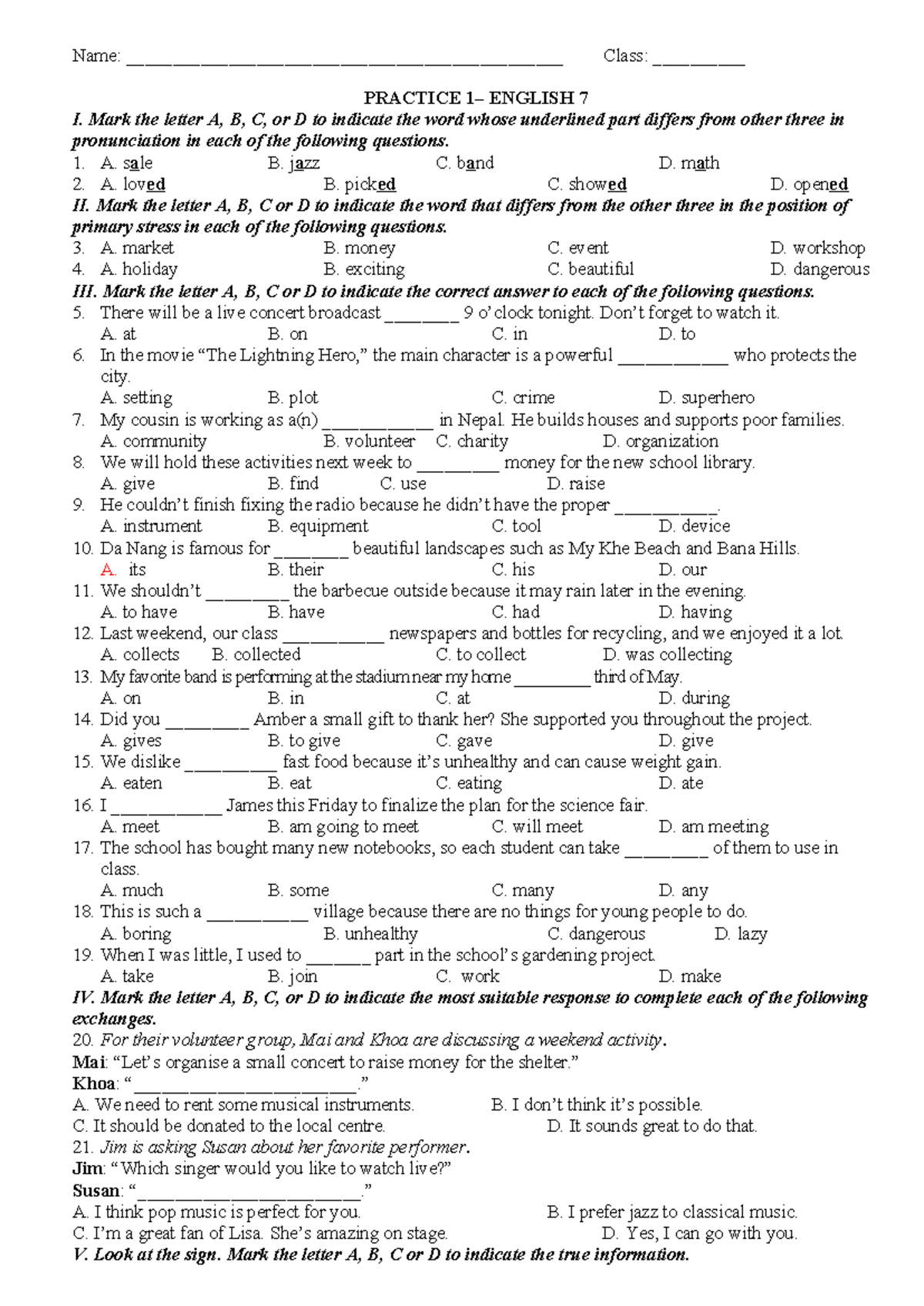Practice Test: English 7 - Pronunciation & Stress Exercises - Studocu