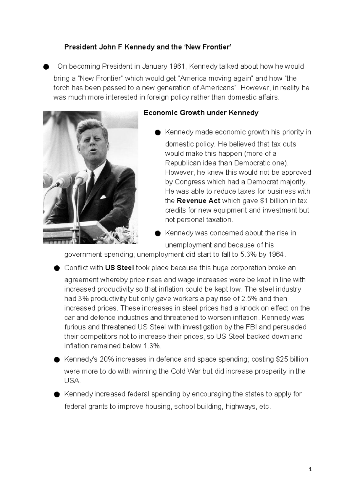 60s + 70s Economy - Extra Notes - President John F Kennedy and the ‘New ...