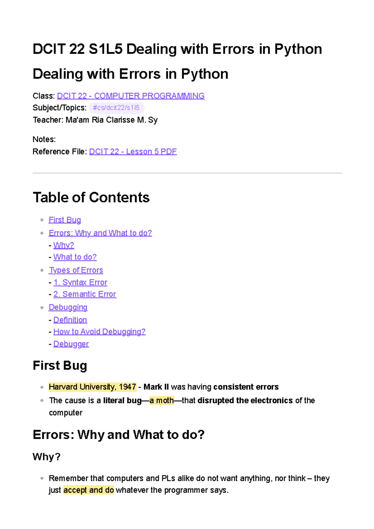 DCIT 22 S1L5 Understanding and Debugging Python Errors - Studocu