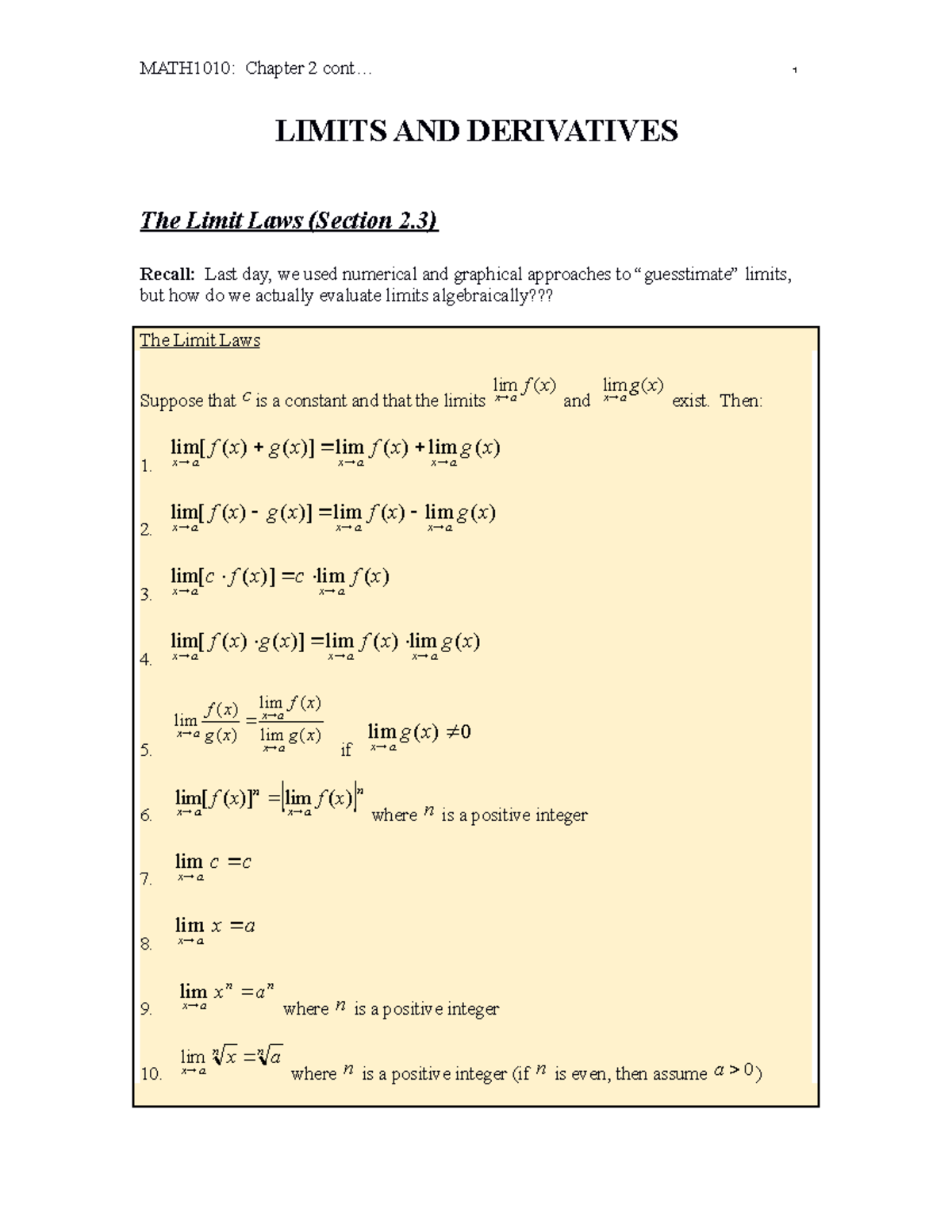 Mod2a limitsdeltaepsilon - LIMITS AND DERIVATIVES The Limit Laws ...