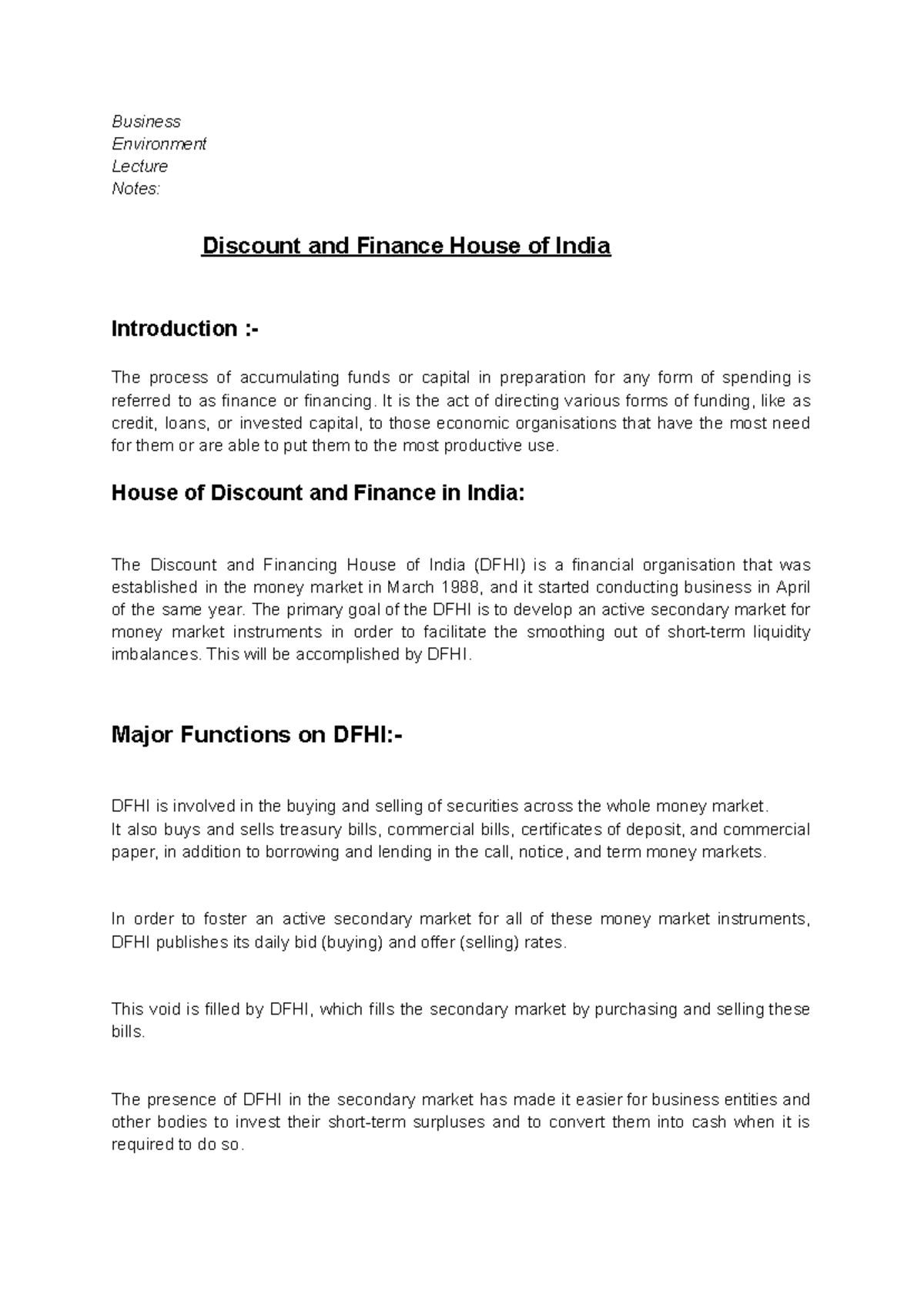 Lecture Notes on Discount and Finance House of India (DFHI) - Studocu