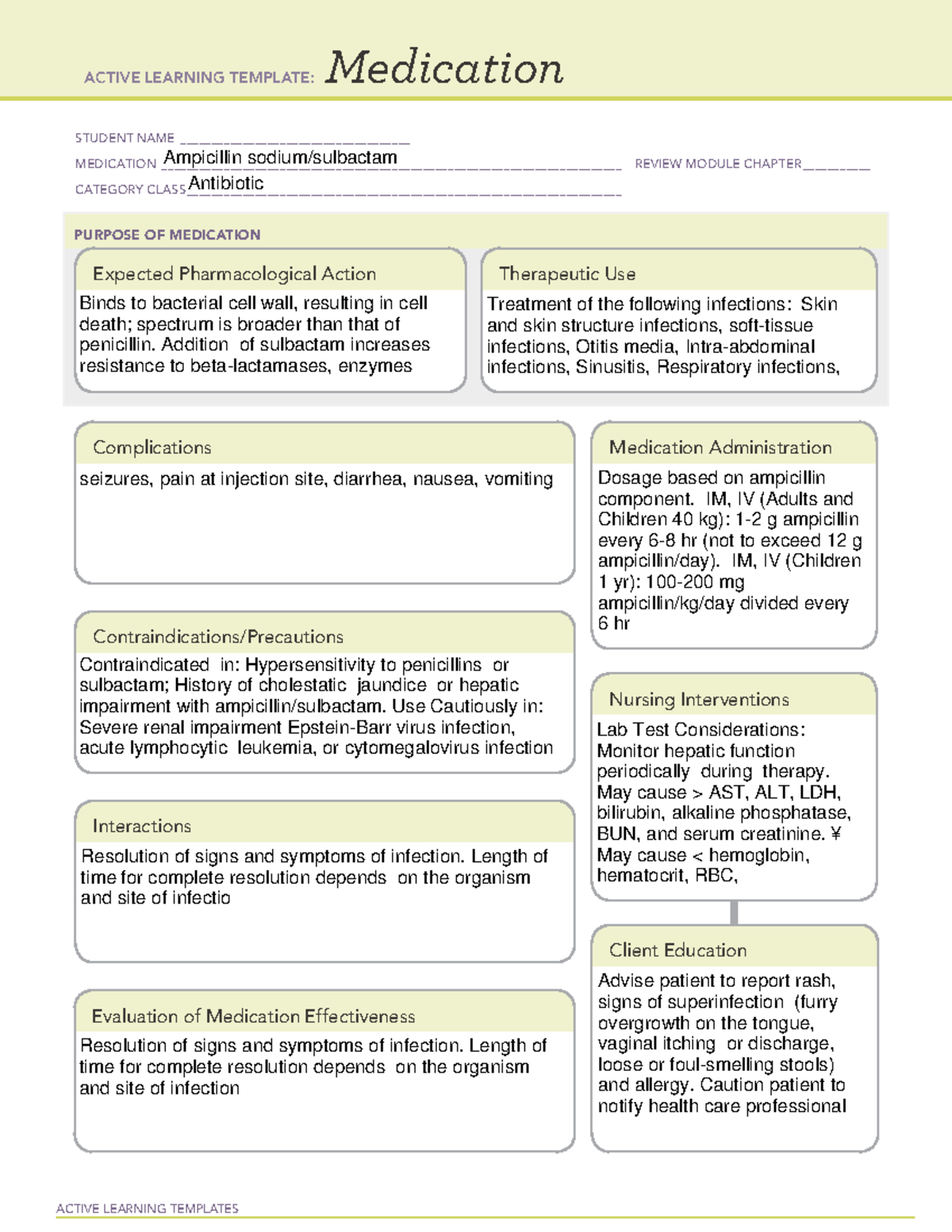 Ampicillin Drug Card Study Guide - Active Learning Template - Studocu